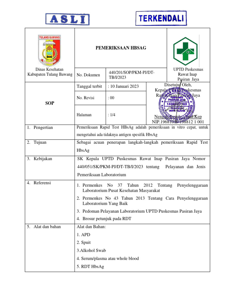 Sop Pemeriksaan Hbsag | PDF