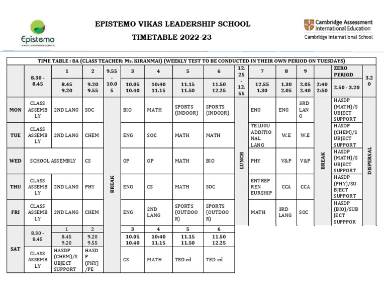 Time Table - Grade 8A | PDF