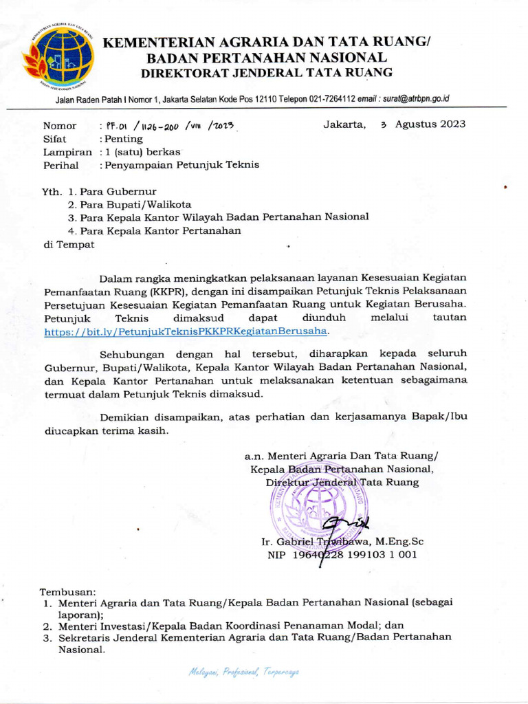 Surat Penyampaian Petunjuk Teknis Pelaksanaan PKKPR Untuk Kegiatan ...