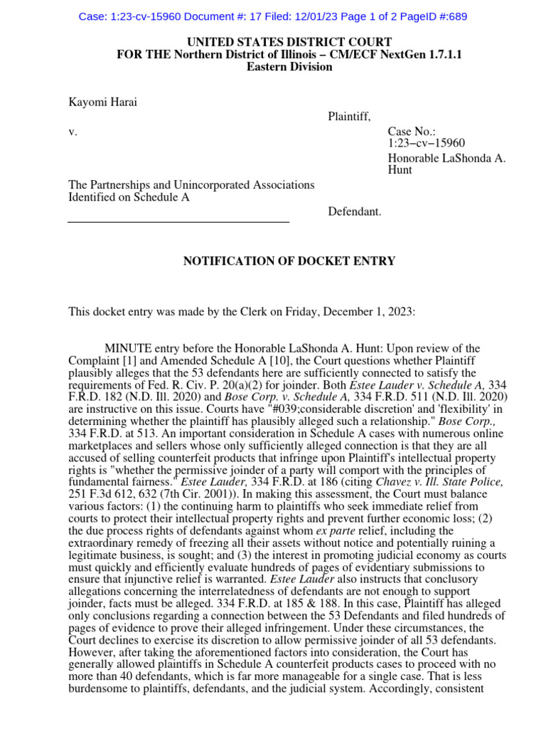 Harai v. Schedule A (1:23-cv-15960) - Order On Joinder | PDF | Injunction | Legal Remedy