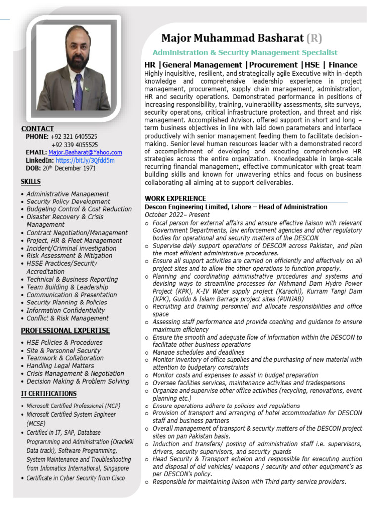 CV - Major Muhammad Basharat (R) - 2 | PDF | Bomb Disposal | Safety