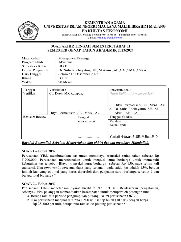 Soal Uas MK I Kelas B 2023 - Sulis R | PDF