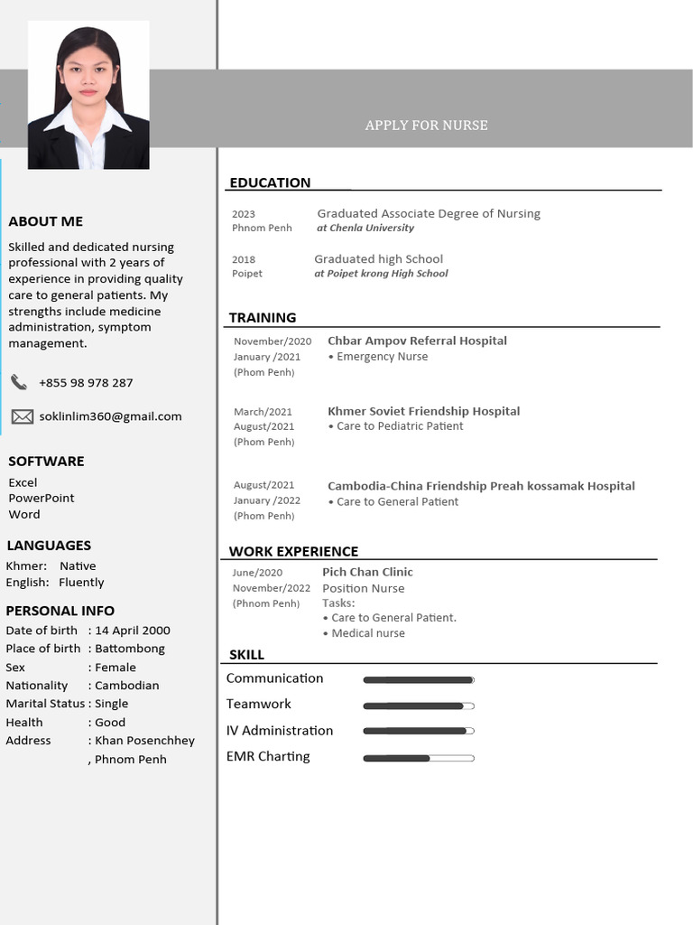 Cambodian Nurse Resume and Skills | PDF | Wellness