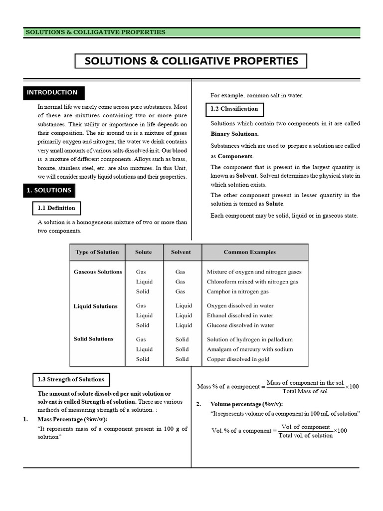 Solutions & Colligative Properties: Mass of Component in The Sol. Mass ...