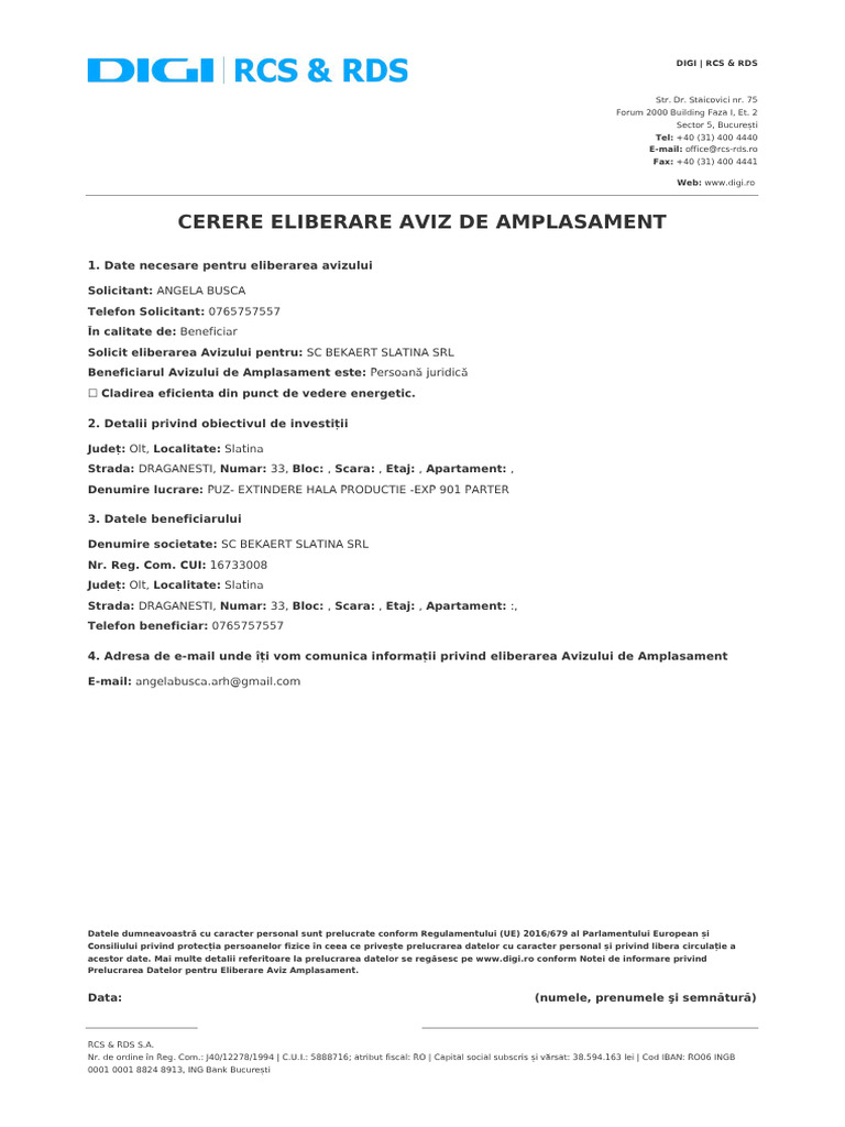 Aviz Amplasament RDS RCS | PDF