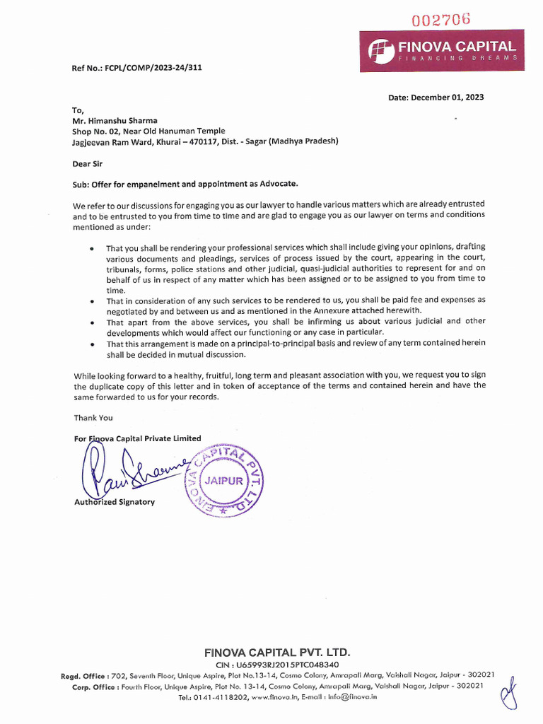 Adv. Empanelment Letter - Mr. Himanshu Sharma | PDF