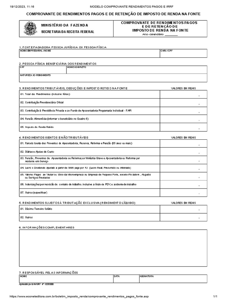 Modelo Comprovante Rendimentos Pagos e Irrf | PDF