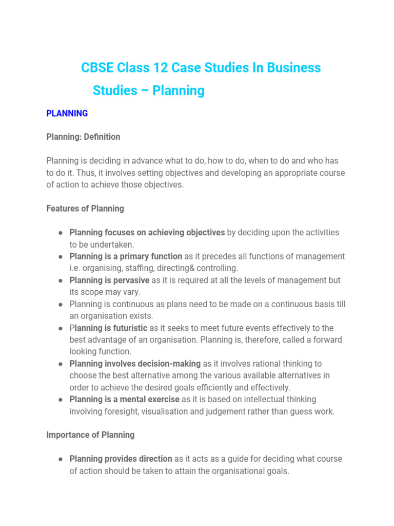 CBSE Class 12 Case Studies in Business Studies - Planning | PDF ...