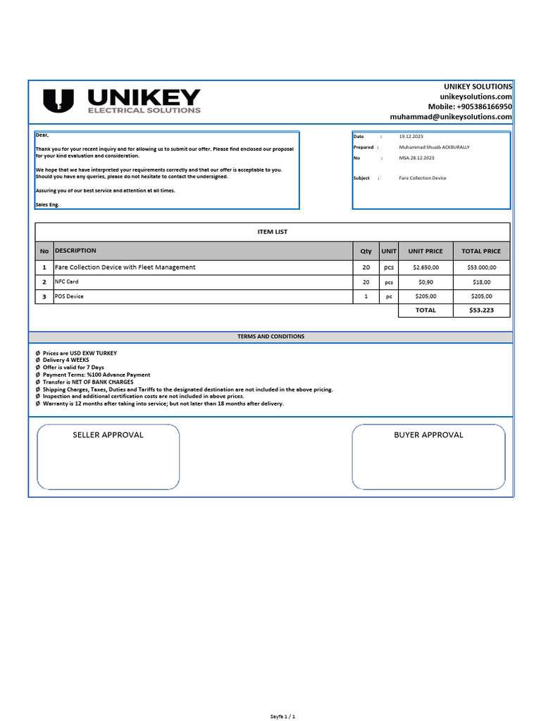 Fare Collection Device - MSA.28.12.2023 - OFFER - Rev1 | PDF