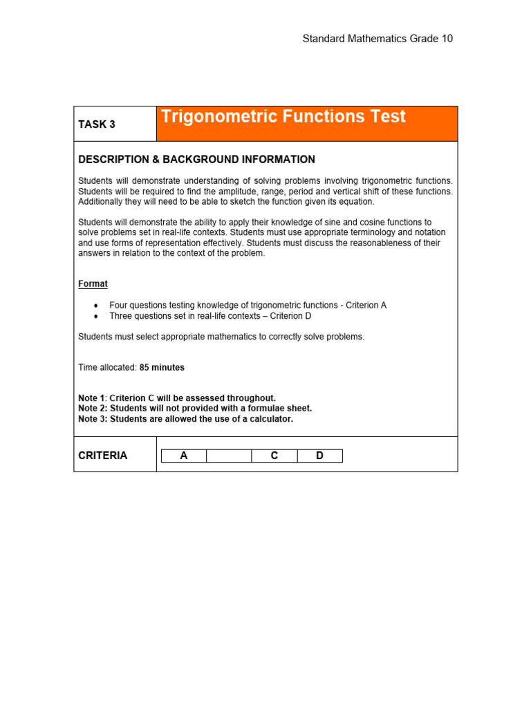 Math MYP5 Standard Task 3 Trig Functions Test | PDF