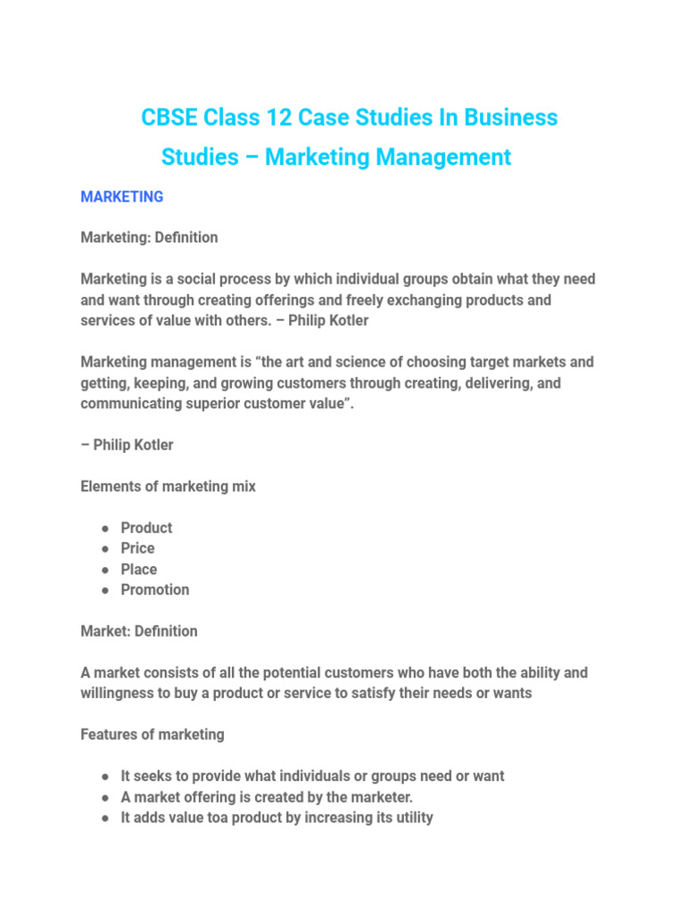 CBSE Class 12 Case Studies in Business Studies - Marketing Managemen ...