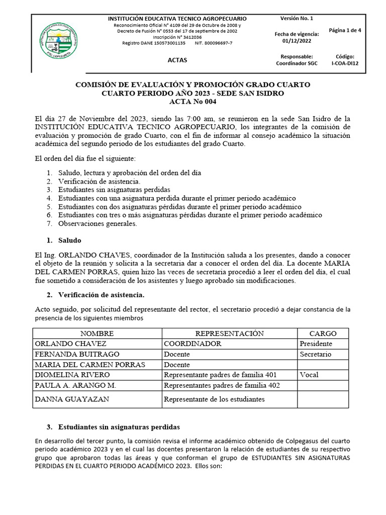 Acta Comision de Evaluacion y Promocion Cuarto Periodo 2023 | PDF