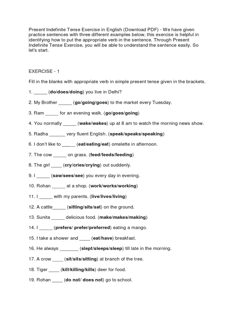 Present Indefinite Tense Exercise | Download Free PDF | Language ...