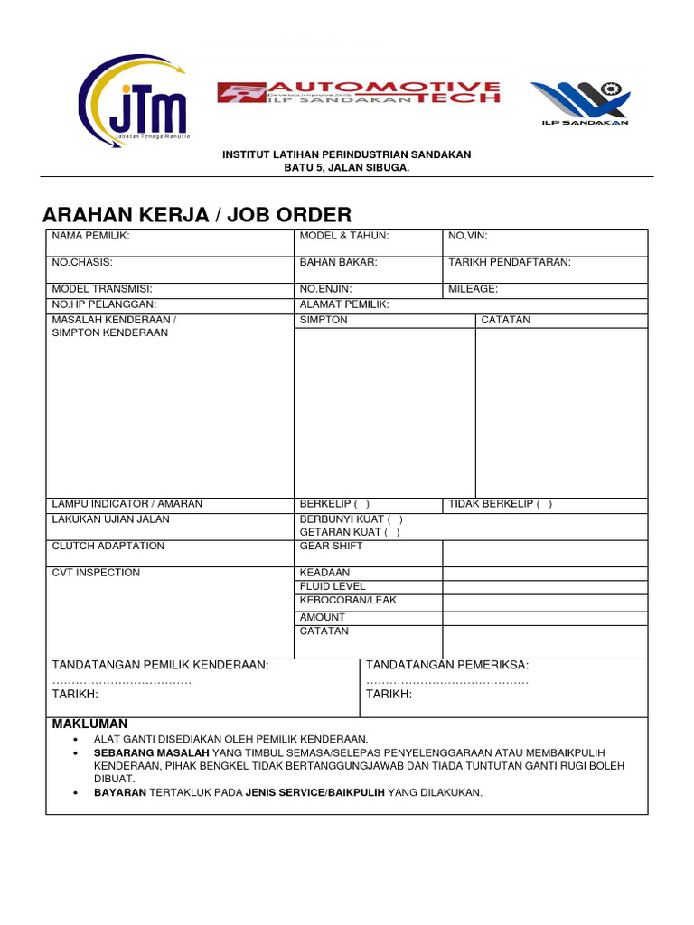 Contoh Job Order Bengkel Automotif | PDF