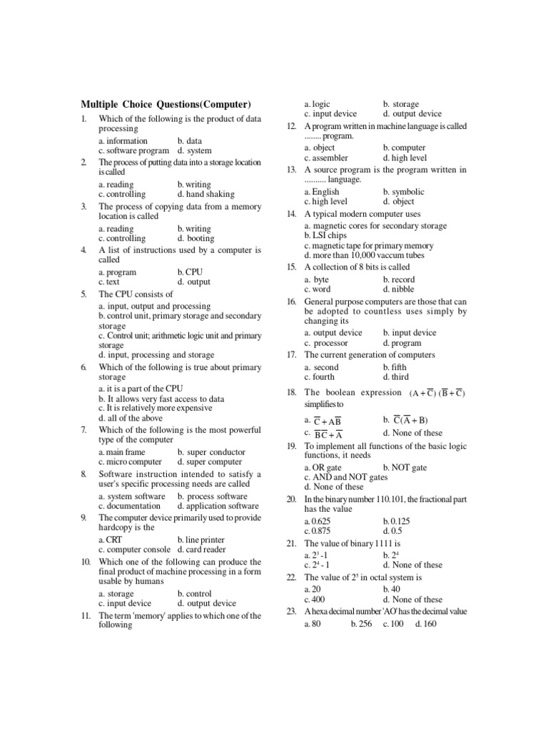 Multiple Choice Questions Computer Scien | PDF | Computer Data Storage | Input/Output