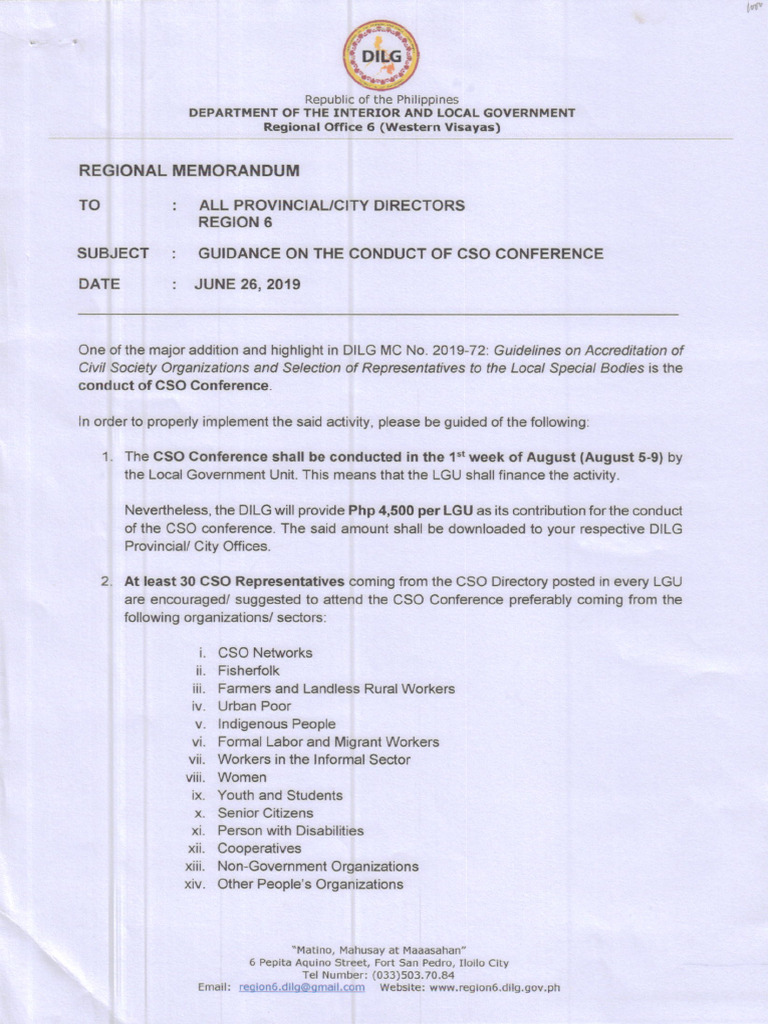 Regional Memorandum Re Guidance On The Conduct of CSO Conference | PDF | Government | Economies