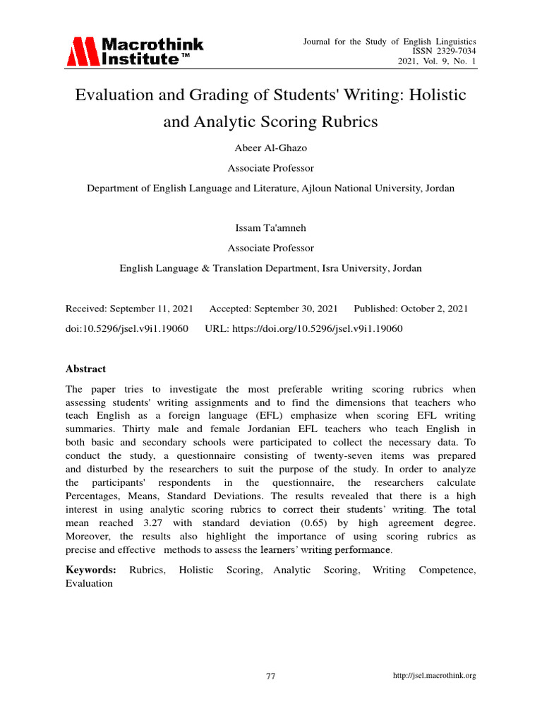 Evaluation and Grading of Students Writing Holist | PDF | Rubric ...