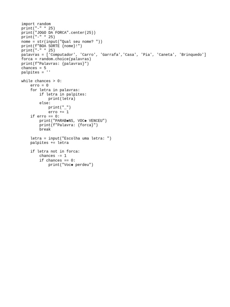 Jogo da Forca em Python: Código Simples | PDF