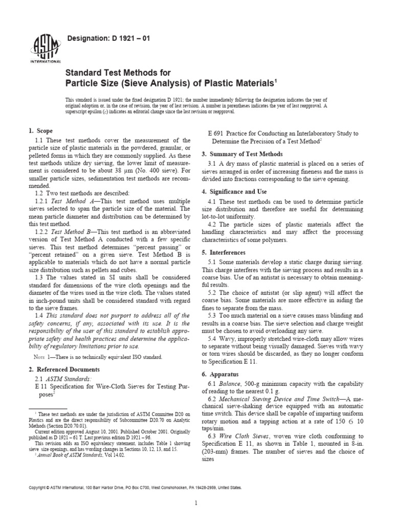 Astm D 1921-01 | Download Free PDF | Physical Sciences | Materials