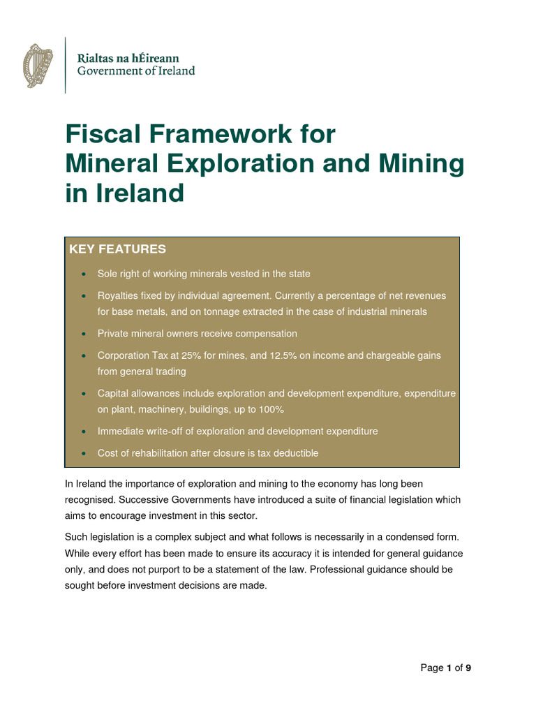 Fiscal Framework For Mineral Exploration and Mining in Ireland | PDF