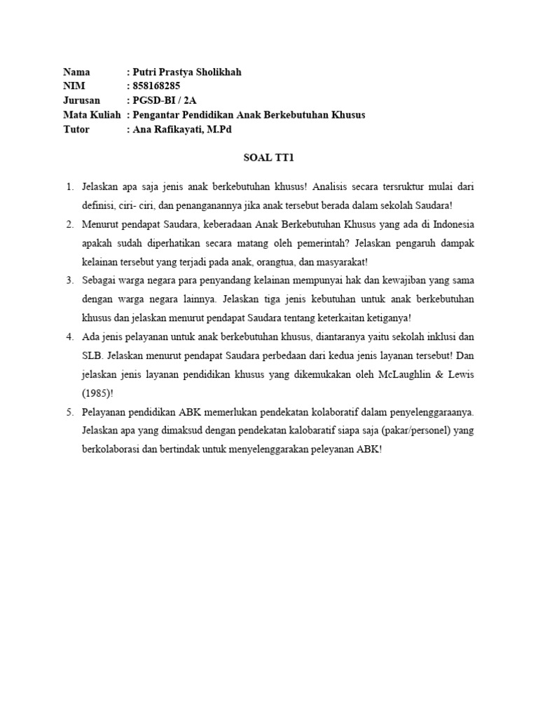 TT1 - PUTRI PRASTYA SHOLIKHAH - 858168285 - Pengantar Pend. ABK | PDF | Kesehatan Holistik