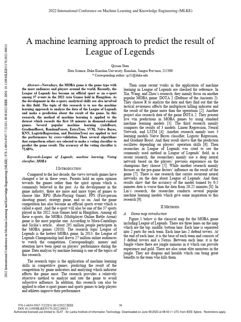 A Machine Learning Approach To Predict The Result of League of Legends | PDF | Machine Learning ...