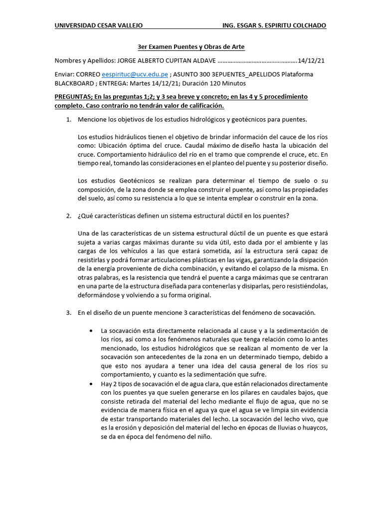 Examen de Diseño de Puentes y Cálculos | PDF | Puente | Río