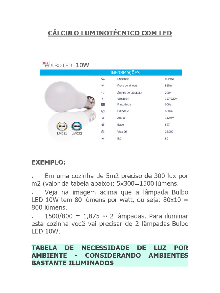 Cálculo Luminotécnico Com Led | PDF | Cor | Lâmpada incandescente