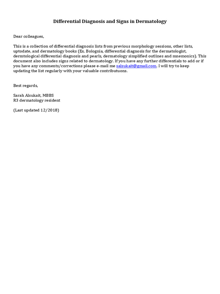 List of Dermatology Differential Diagnosis and Signs in Dermatology ...