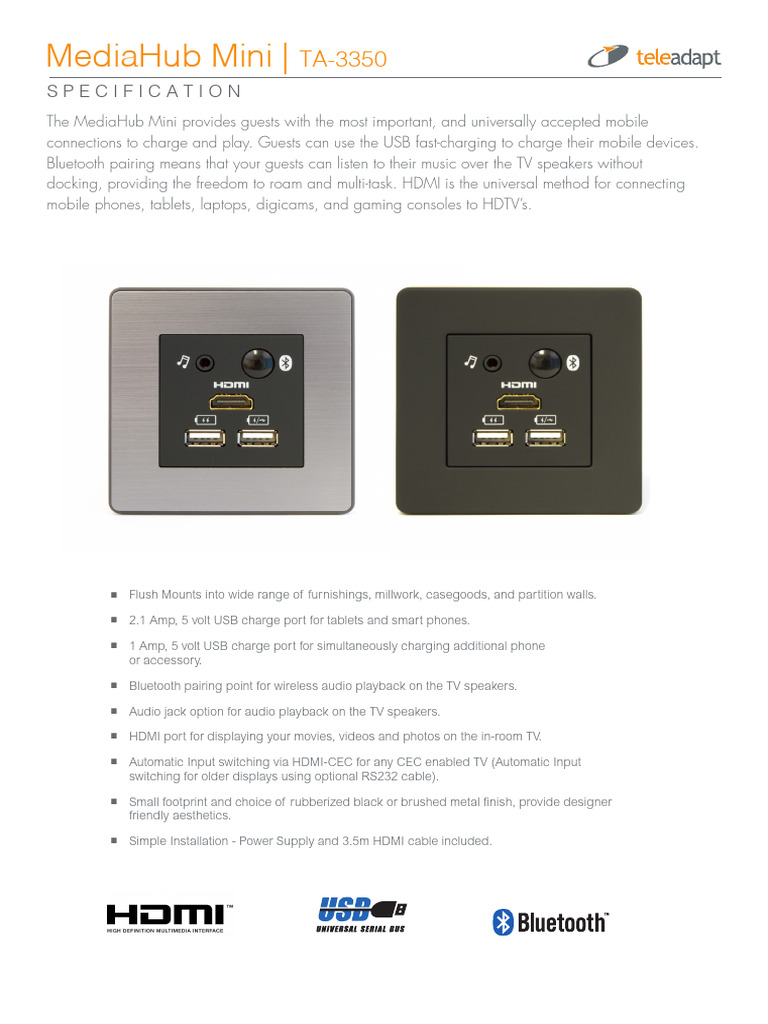 Teleadapt Mediahub Mini Ta3350 Specification Sheet | PDF | Hdmi | Usb