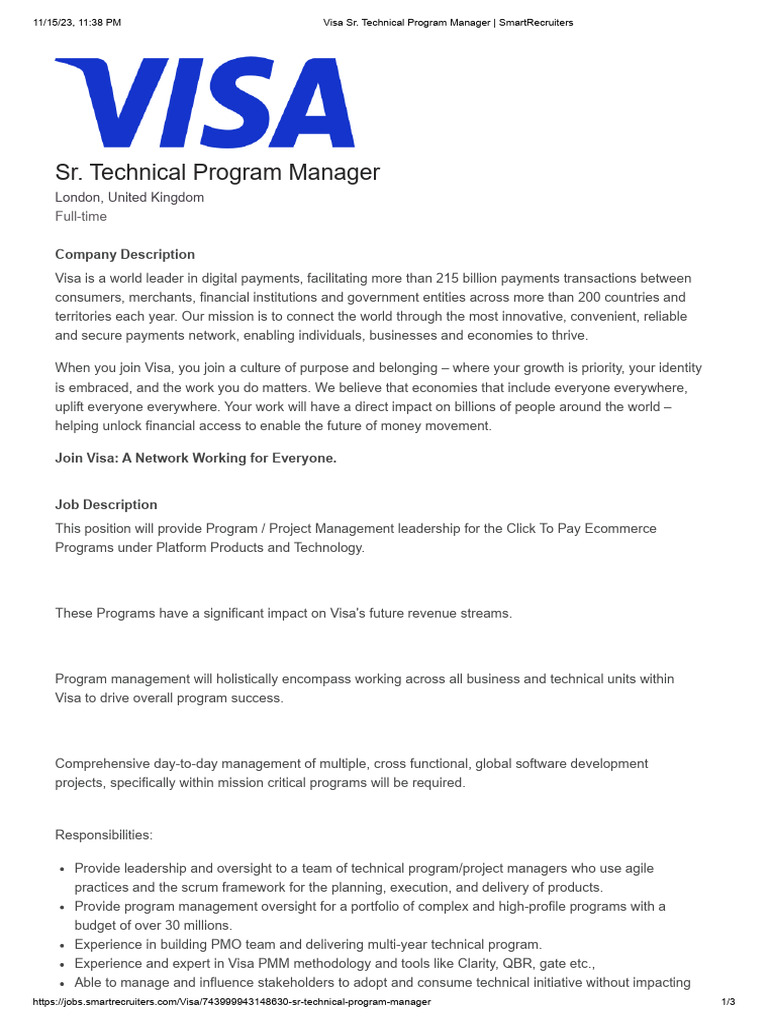 Visa Sr. Technical Program Manager - SmartRecruiters | PDF | Agile ... Visa Sr. Technical Program Manager - SmartRecruiters | PDF | Agile ...