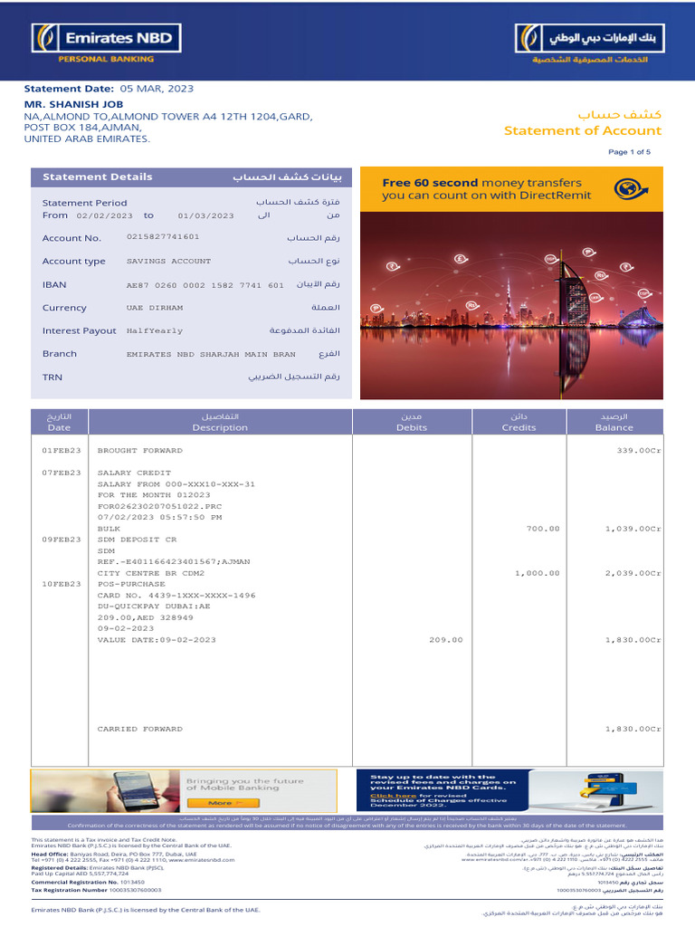 Emirates NBD Account Statement Summary | PDF | United Arab Emirates ...