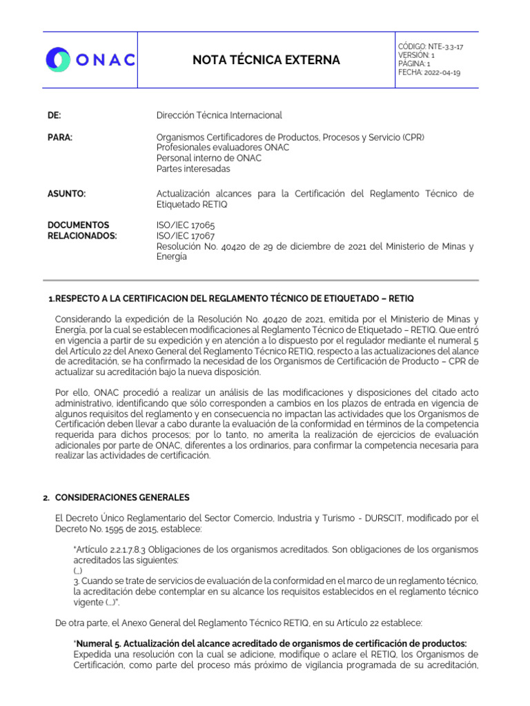 NTE 3.3 17 Nota Técnica Externa Actualización RETIQ Res.40420 de 2021 ...