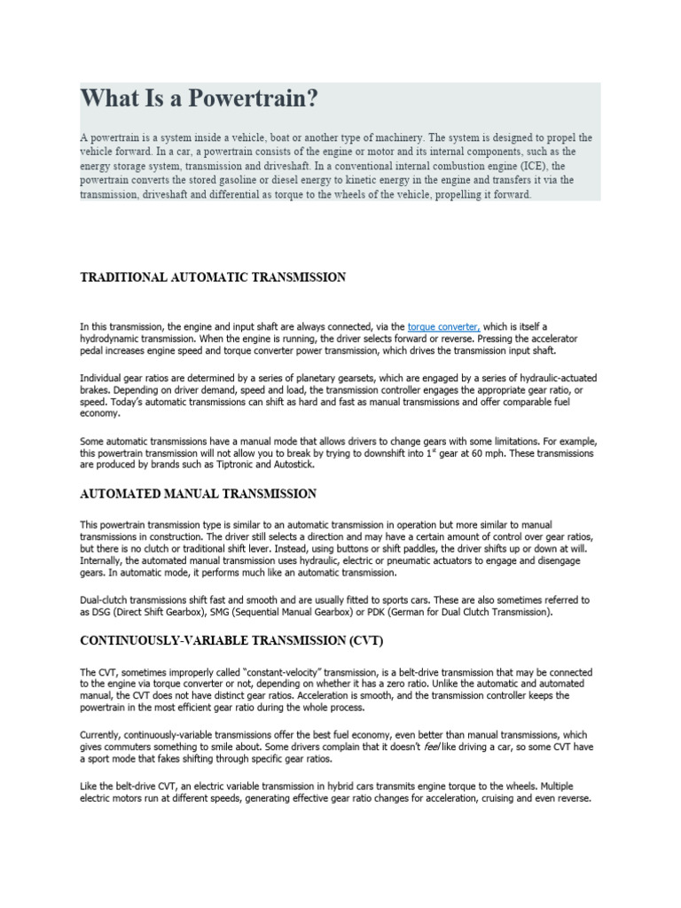 What Is a Powertrain | PDF | Manual Transmission | Automatic Transmission