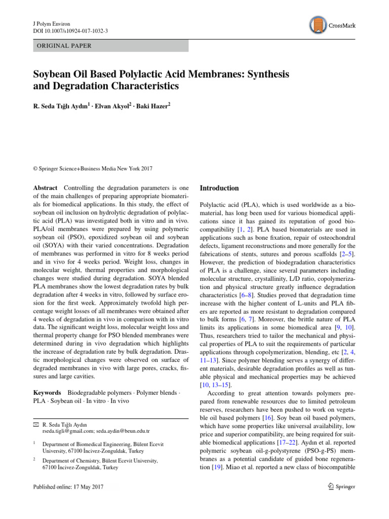 Soybean Oil Based Polylactic Acid Membranes Synthesis and Degradation Characteristics | PDF