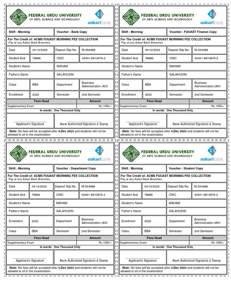 FUUAST BBA Supplementary Exam Fee | PDF | Financial Services | Money
