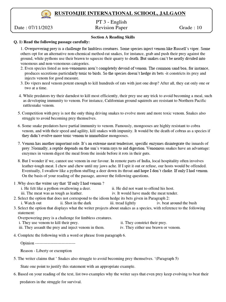 Grade 10 English Revision Paper | PDF | Snake | Venom