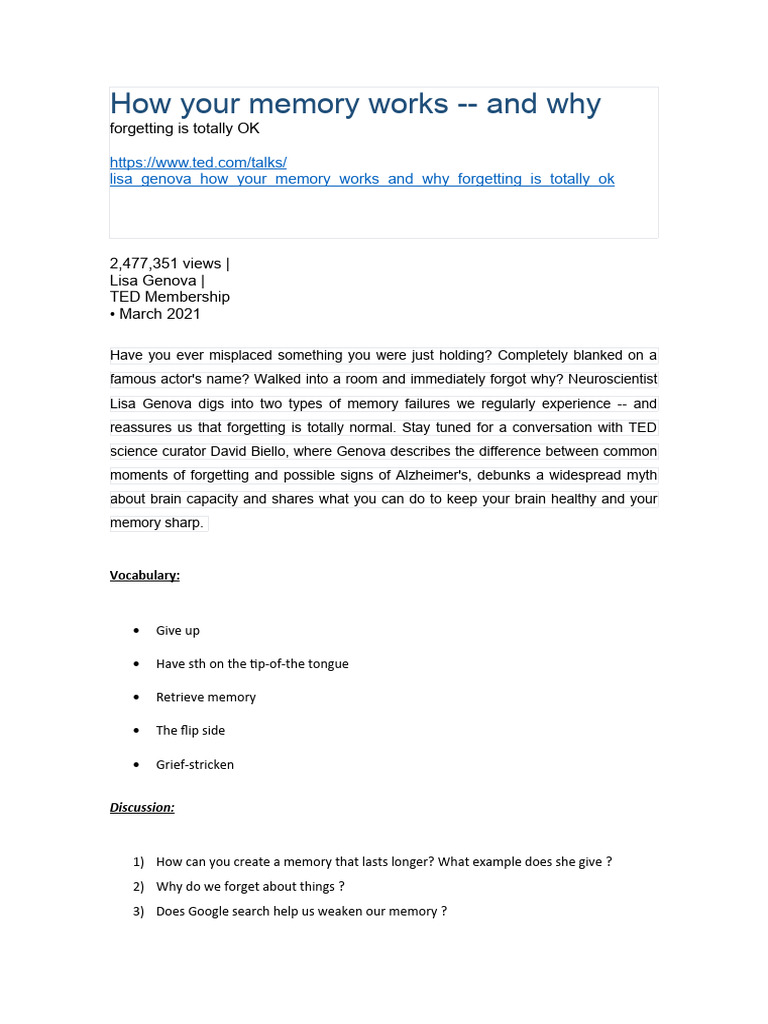 Ted Talk - How Your Memory Works | PDF | Memory | Brain