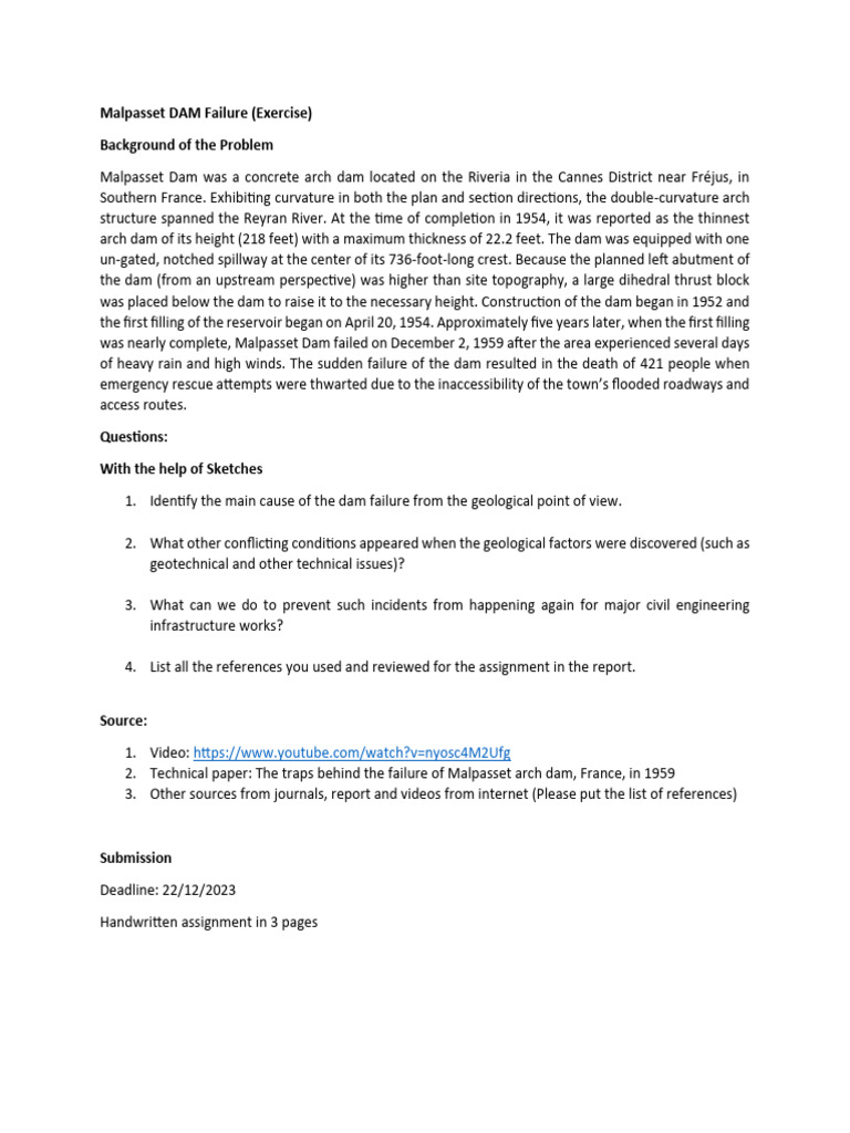 Malpasset Dam Failure Exercise | PDF