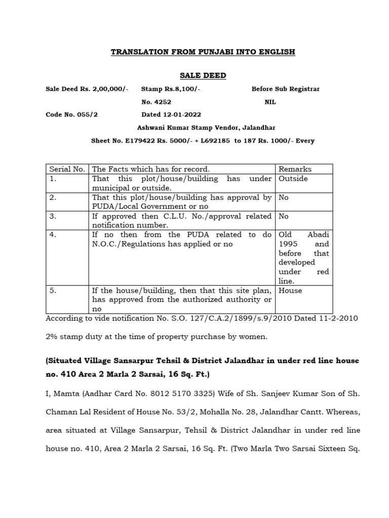 01.02.2023 Translations Sale Deeds of Neha Kainth | PDF