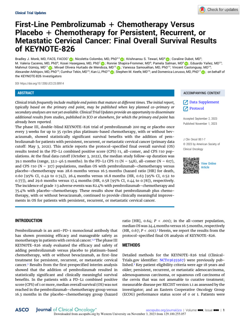 Bradley J Monk First Line Pembrolizumab Chemotherapy | PDF | Health ...