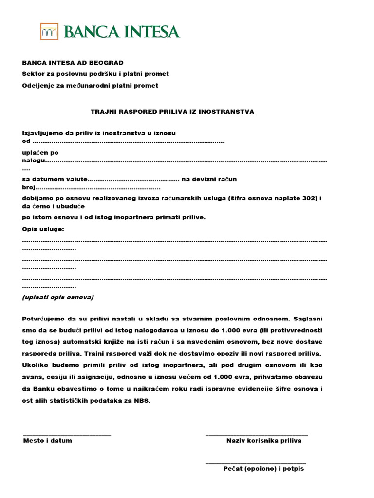 Obrazac Trajni Raspored Priliva Iz Inostranstva | PDF