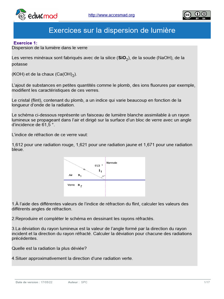 Exercices sur la réfraction et dispersion | PDF | Indice de réfraction ...
