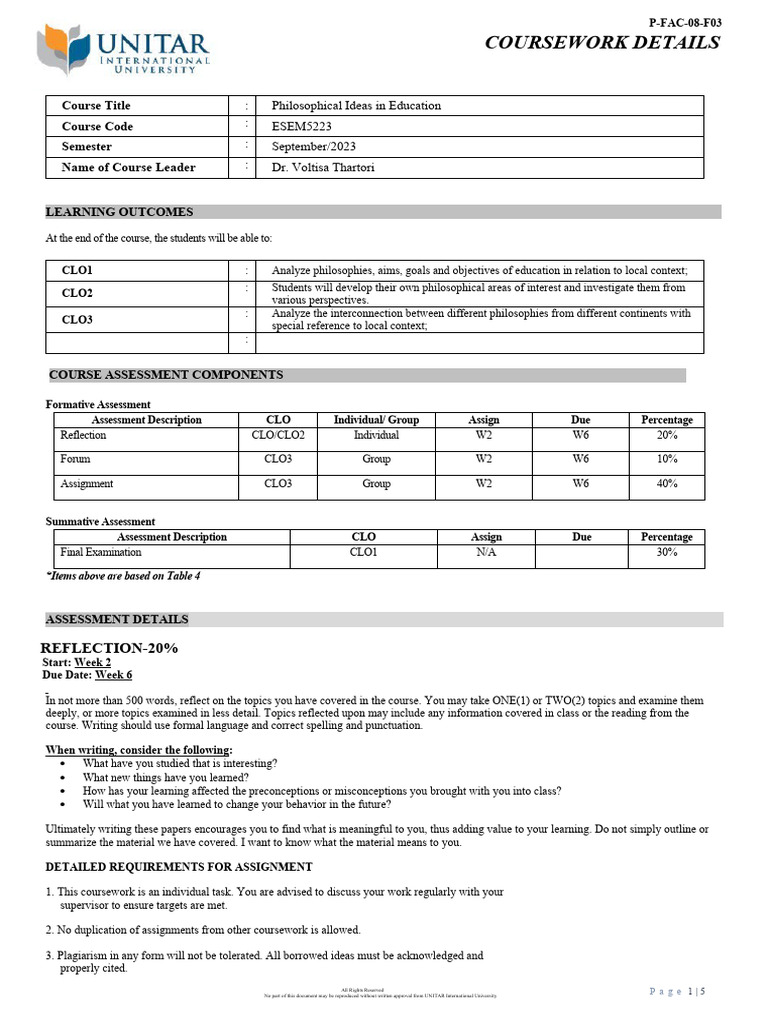 Coursework Details Philosophical Ideas In Education Pdf