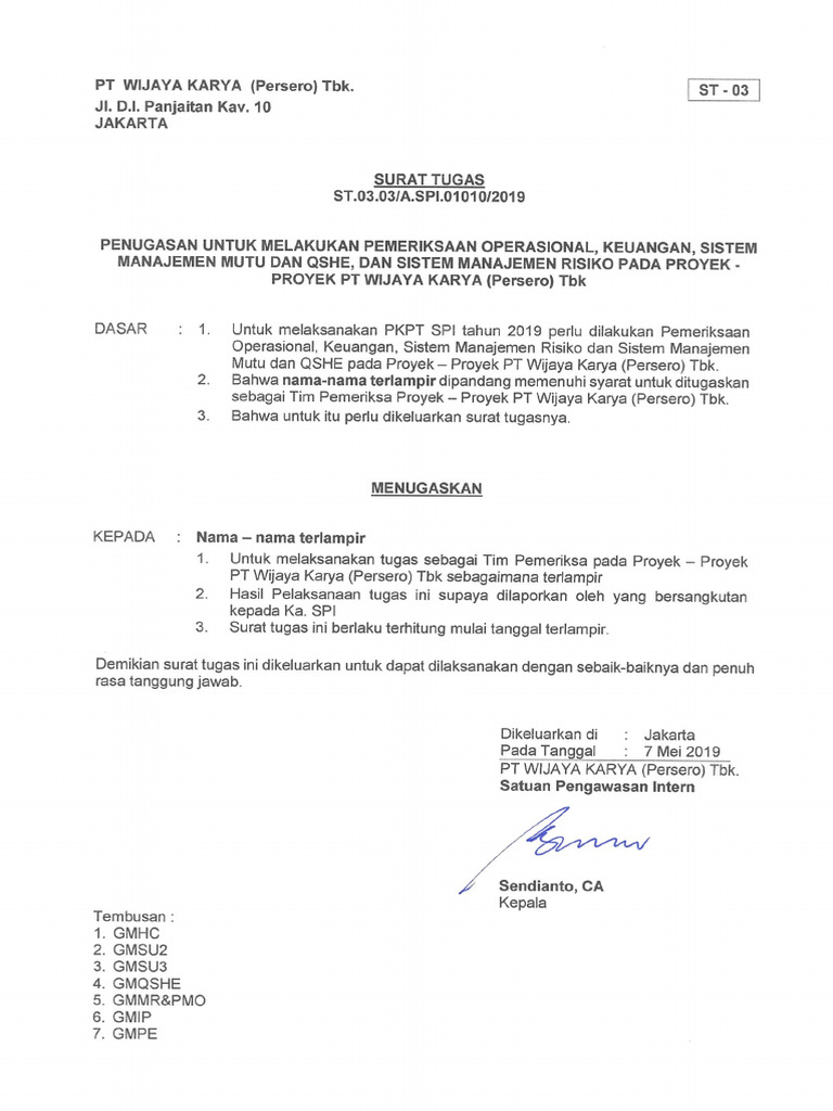 Surat Tugas Pemeriksaan Pada Proyek-Proyek DSU 2 Dan DSU 2 Mei 2019 | PDF