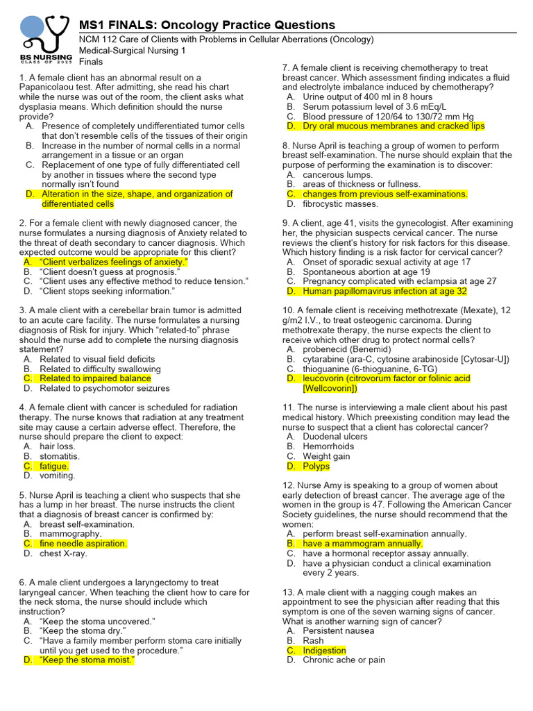 Oncology Nursing Practice Questions | PDF | Cancer | Chemotherapy