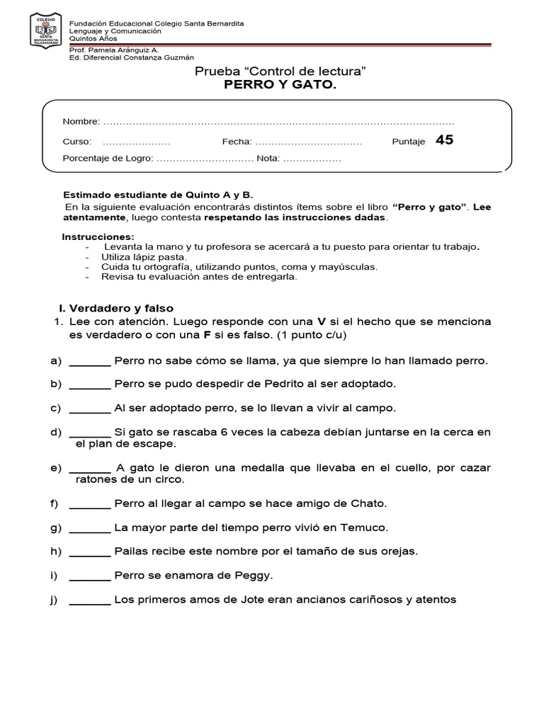 Control de Lectura: Perro y Gato | PDF