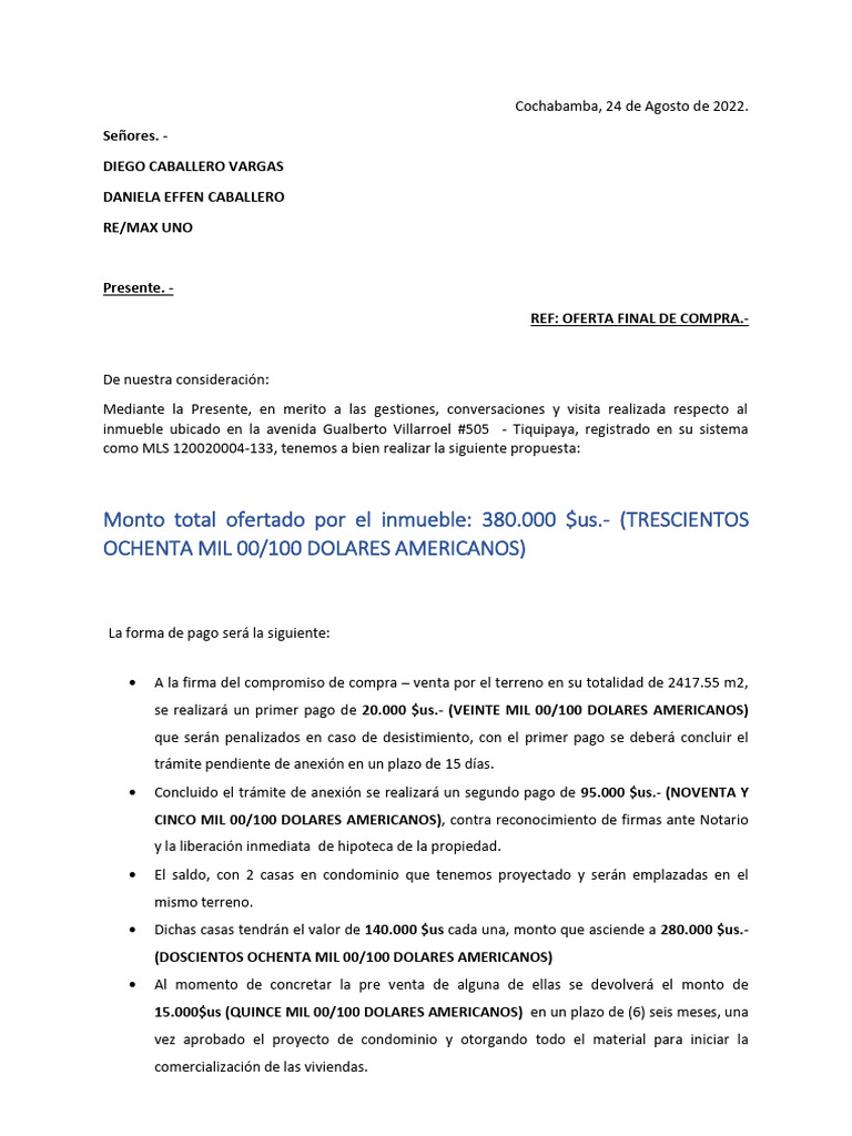 Oferta Formal de Compra Ejemplo | PDF