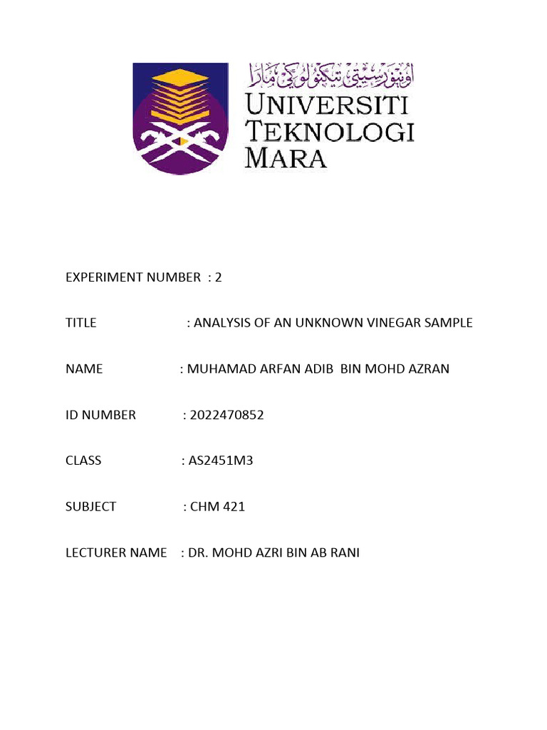 Analysis of An Unknown Vinegar Sample | PDF | Sodium Hydroxide | Titration