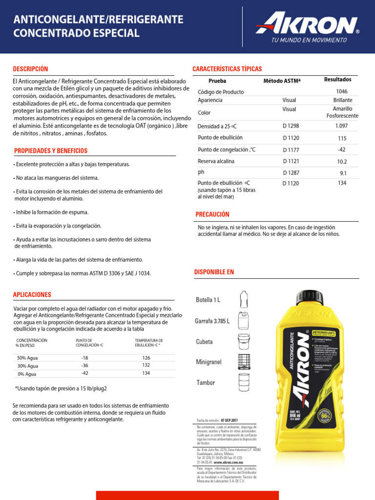 046 Akron Anticongelante Concentrado Esp | PDF | Química | Materiales